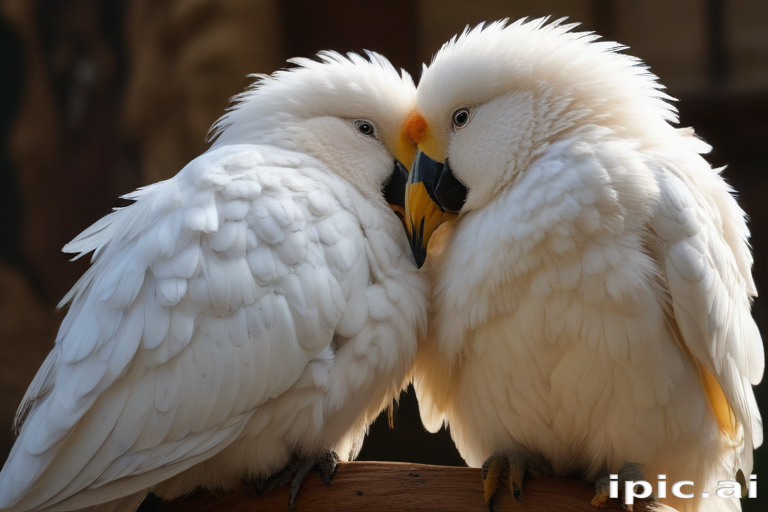 Two Adorable White Birds Sharing a Tender Moment of Affection Together.