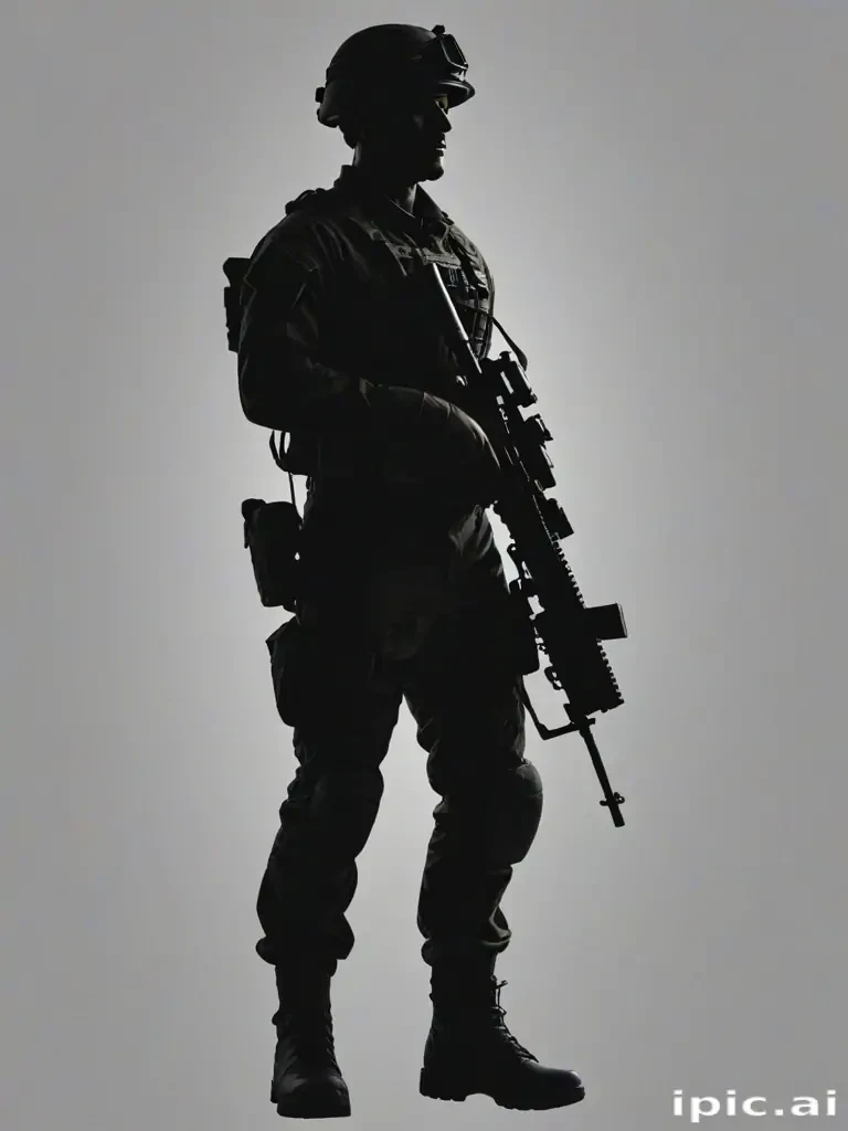 Silhouette of a Soldier in Tactical Gear Holding a Rifle