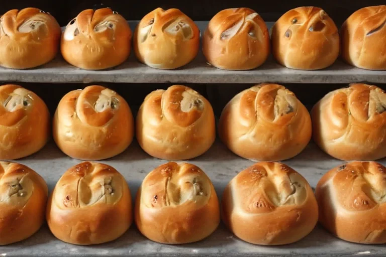 Delightfully Shaped Bread Rolls with Cute Animal Faces on Display.