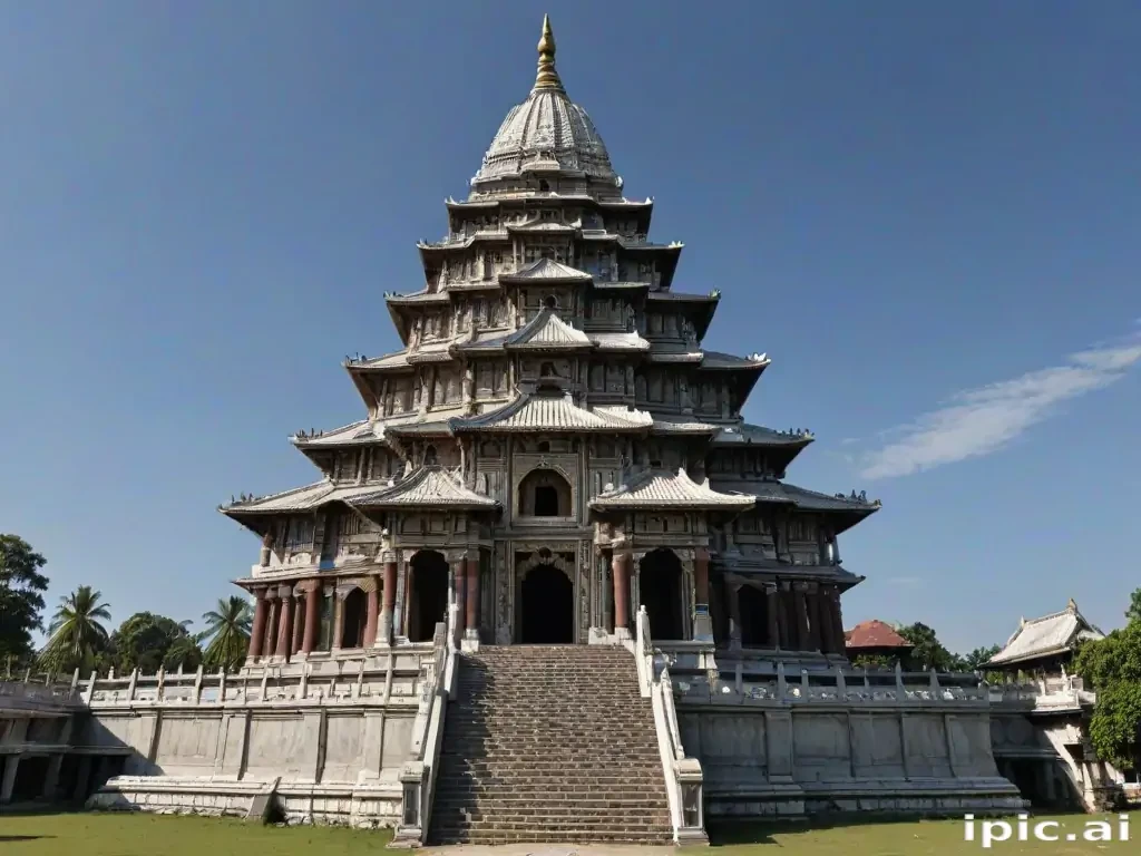 Majestic Multi-Tiered Temple Surrounded by Lush Greenery Under Clear ...
