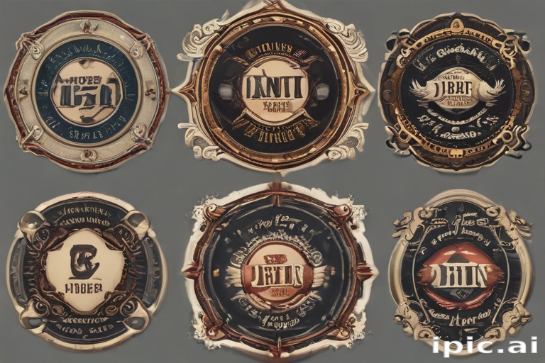 Intricate Vintage Badges Featuring Unique Designs and Decorative ...