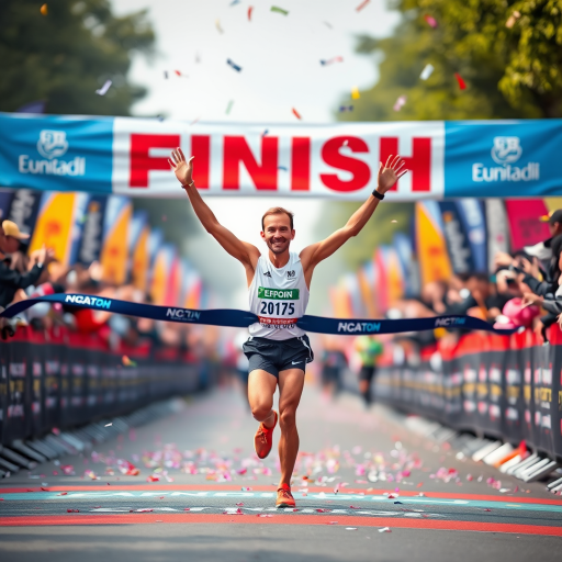 Runner Celebrates Victory with Joyful Expressions at the Finish Line