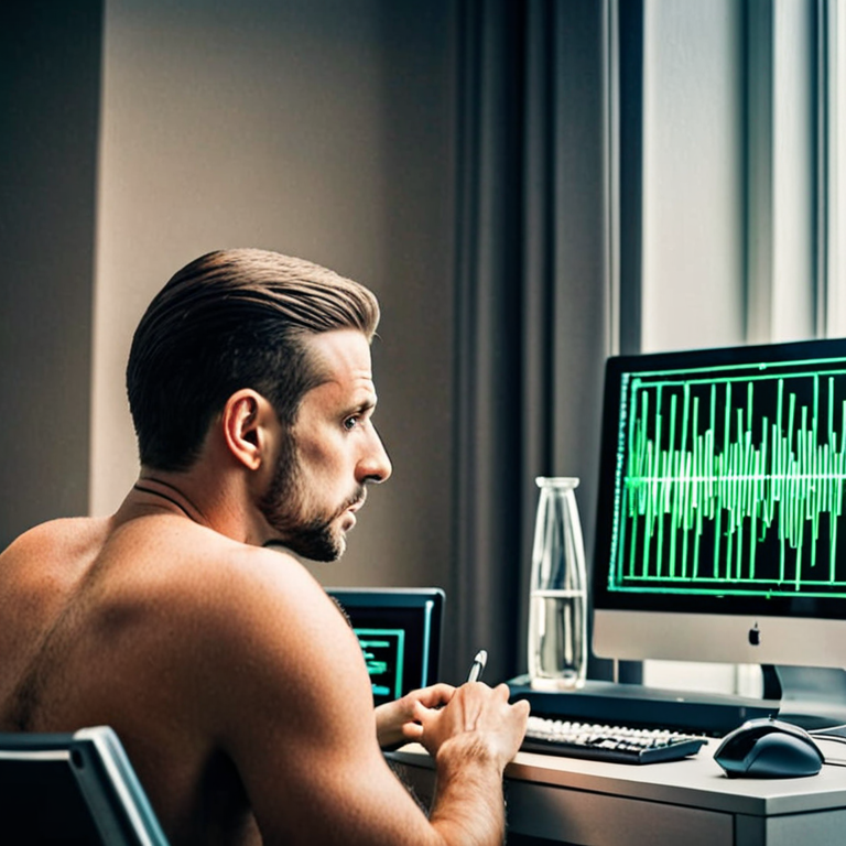 man from behind using a computer with money next to him and a siphon in ...