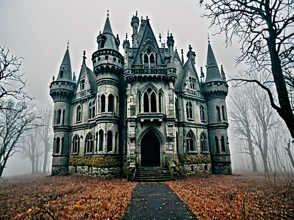 gothic scary abandoned castle in woods with fog