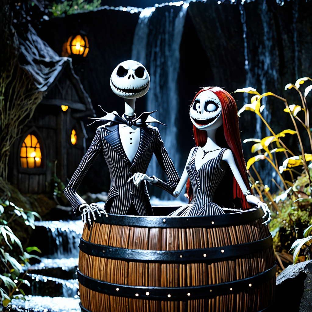 jack skellington and sally going over a waterfall in a barrel at night ...