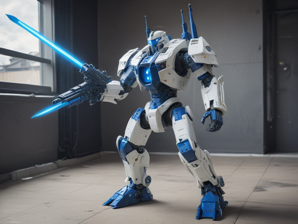 A futuristic blue and white mech with laser sword arm and laser shield.