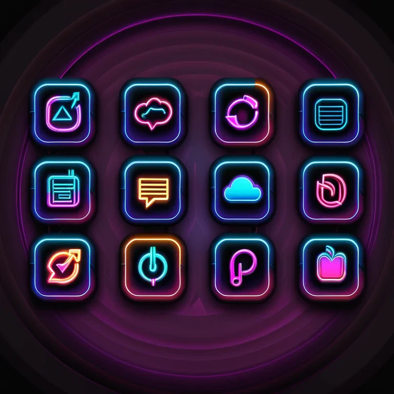 Colorful Neon Icons Representing Various Digital Functions and Applications