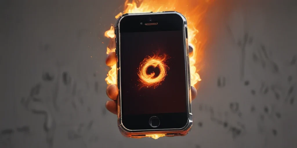 Hand Holding a Smartphone Surrounded by Flames and Fiery Energy