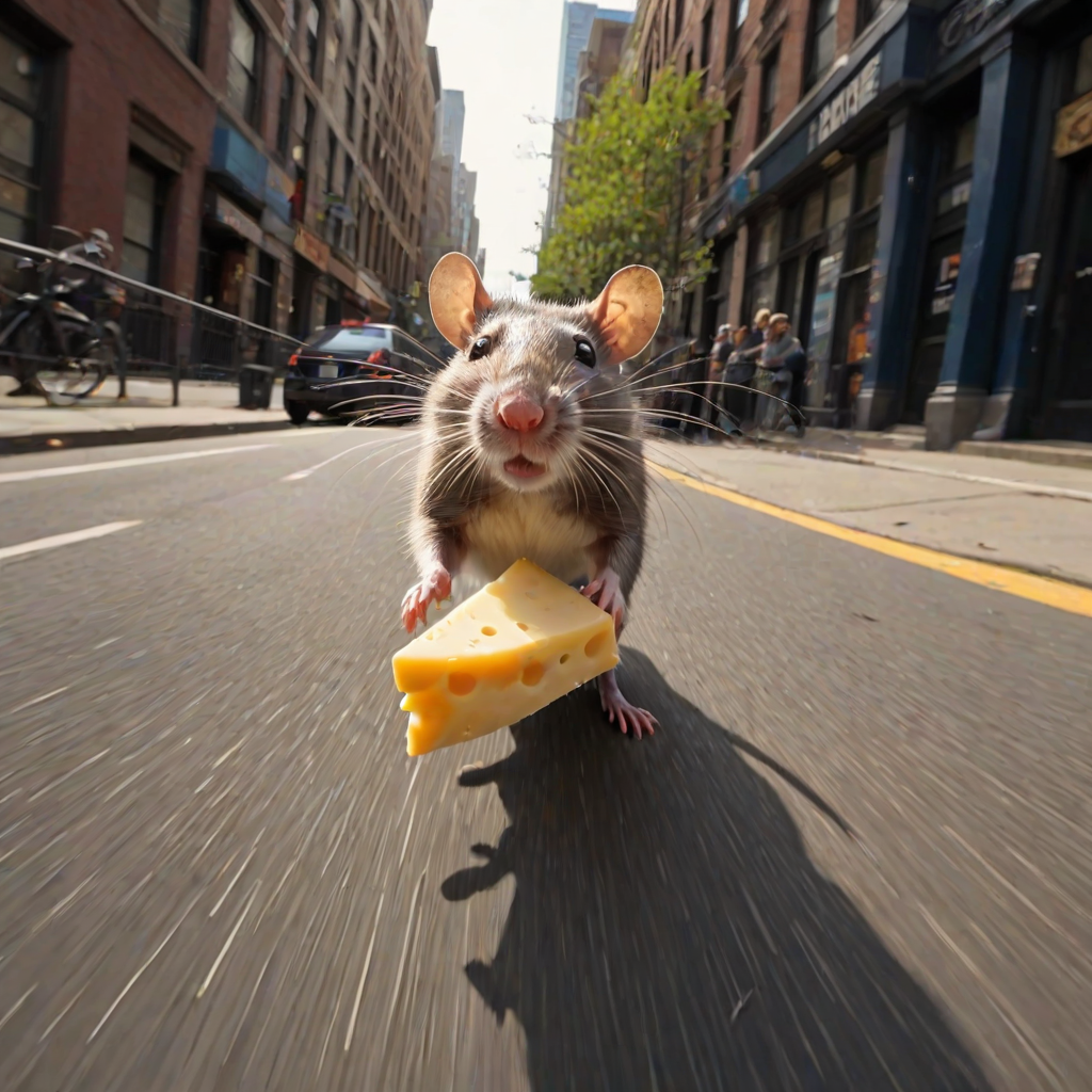 A Curious Rat Joyfully Carries a Chunk of Cheese Through the City Streets.