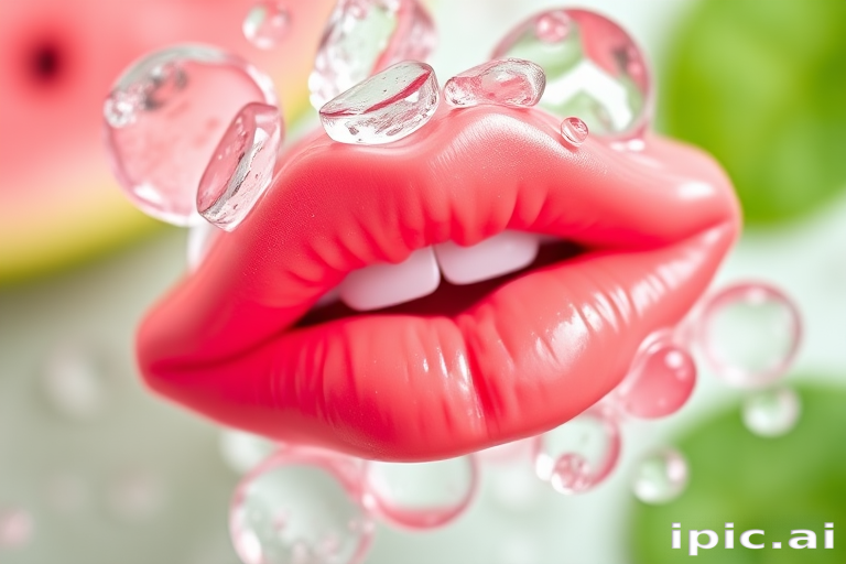 Vibrant Pink Lips Surrounded by Bubbles and Refreshing Watermelon Slices