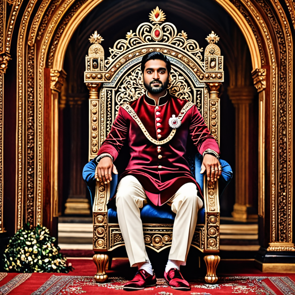 create a animated pic of a man sitting on a throne with name vikas in ...