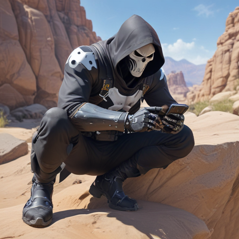 reaper from overwatch 2, crouching behind a rock, scrolling through ...