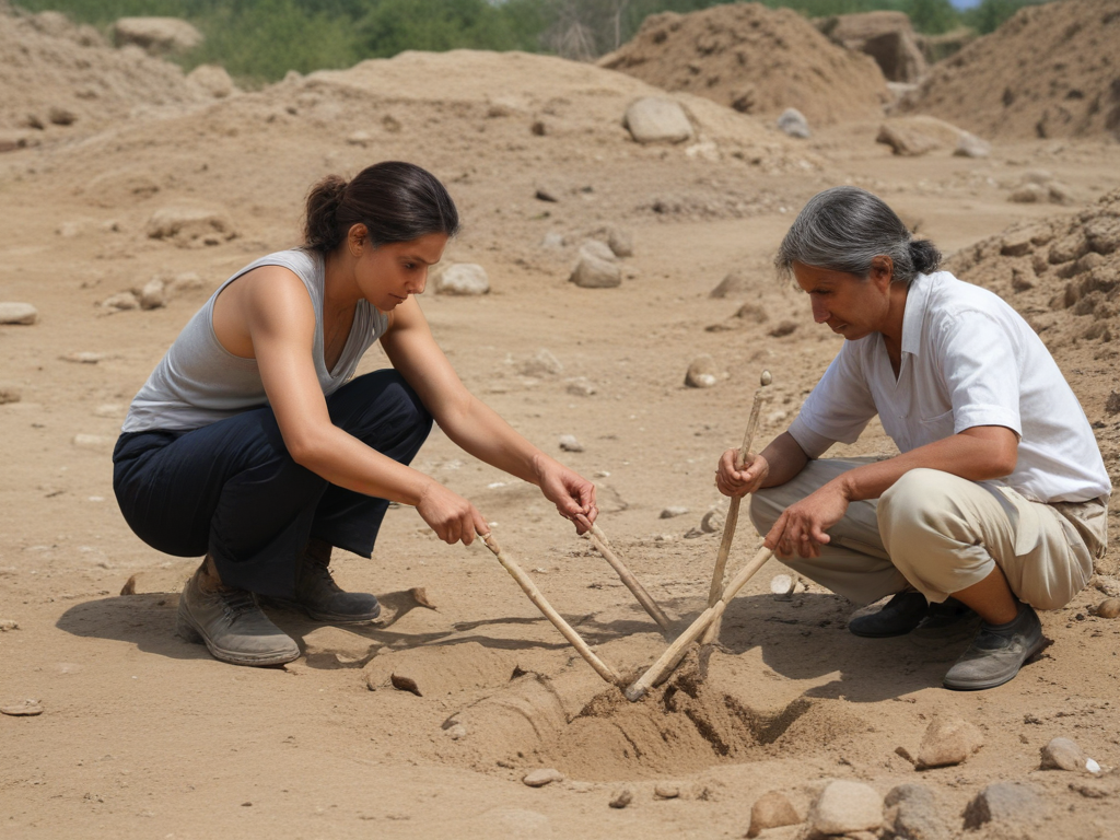 Indian Archeologists uncovering stone age artifacts with long sticks