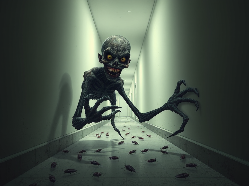 Terrifying Creature Emerging from Shadows in an Abandoned Dark Hallway