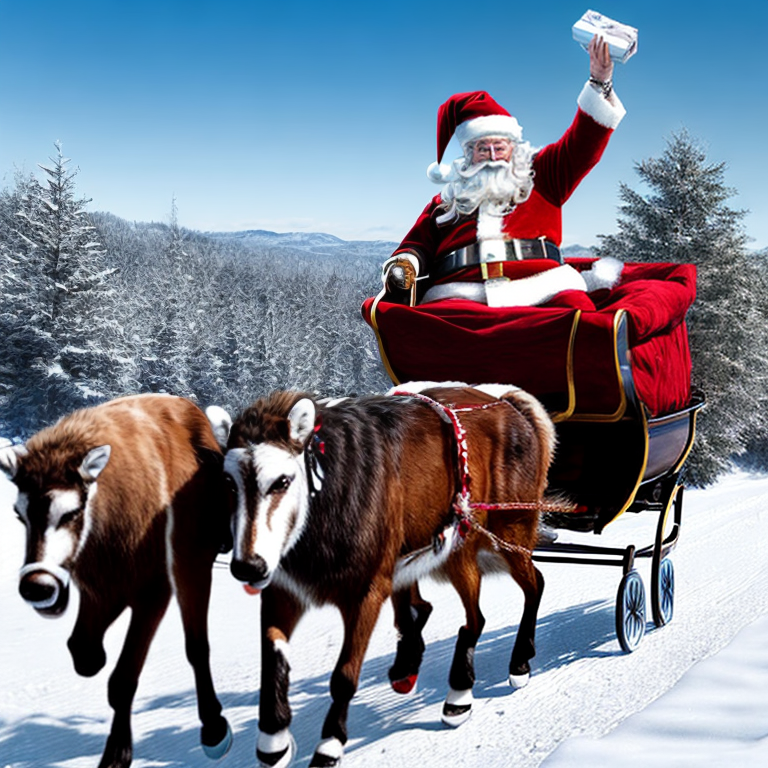 Santa Claus alone in his sleigh pulled by reindeer who distributes ...