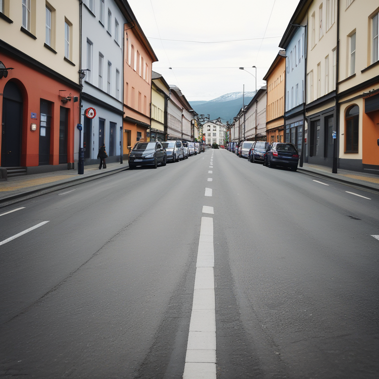 Quiet Urban Street Scene with Colorful Buildings and Parked Cars