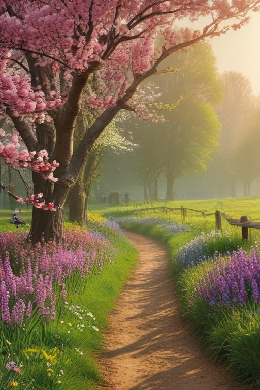 Serene Spring Pathway Surrounded by Vibrant Cherry Blossoms and Wildflowers