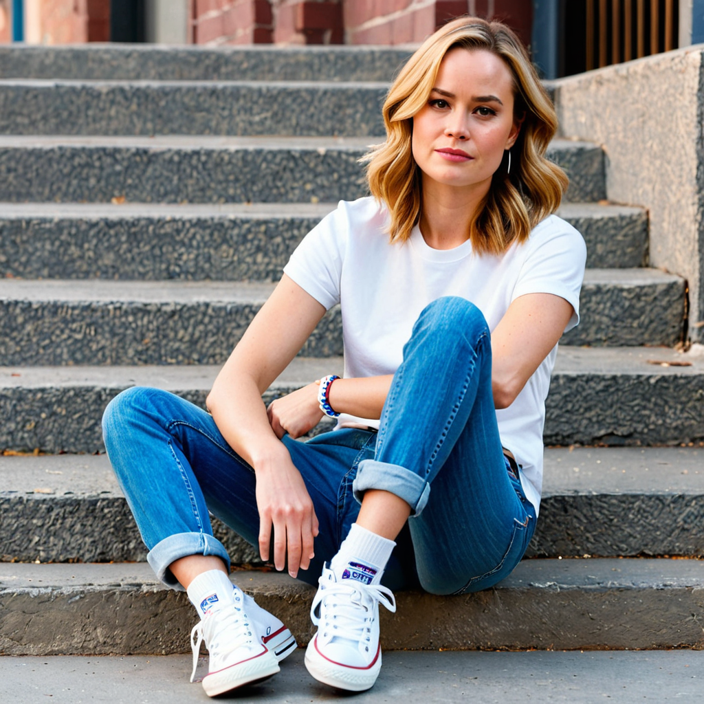 Mcu Brie Larson Carol Danvers Sitting in White Shirt, Blue Jeans, White ...