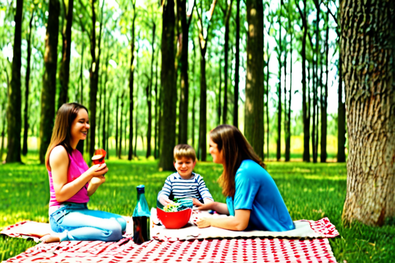 family on picnic, food on picnic mat, trees around