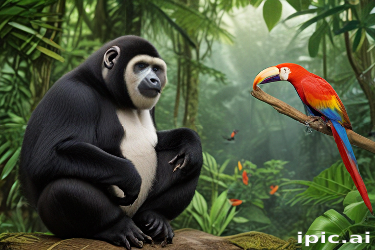 Curious Monkey and Colorful Parrot Share a Moment in the Jungle