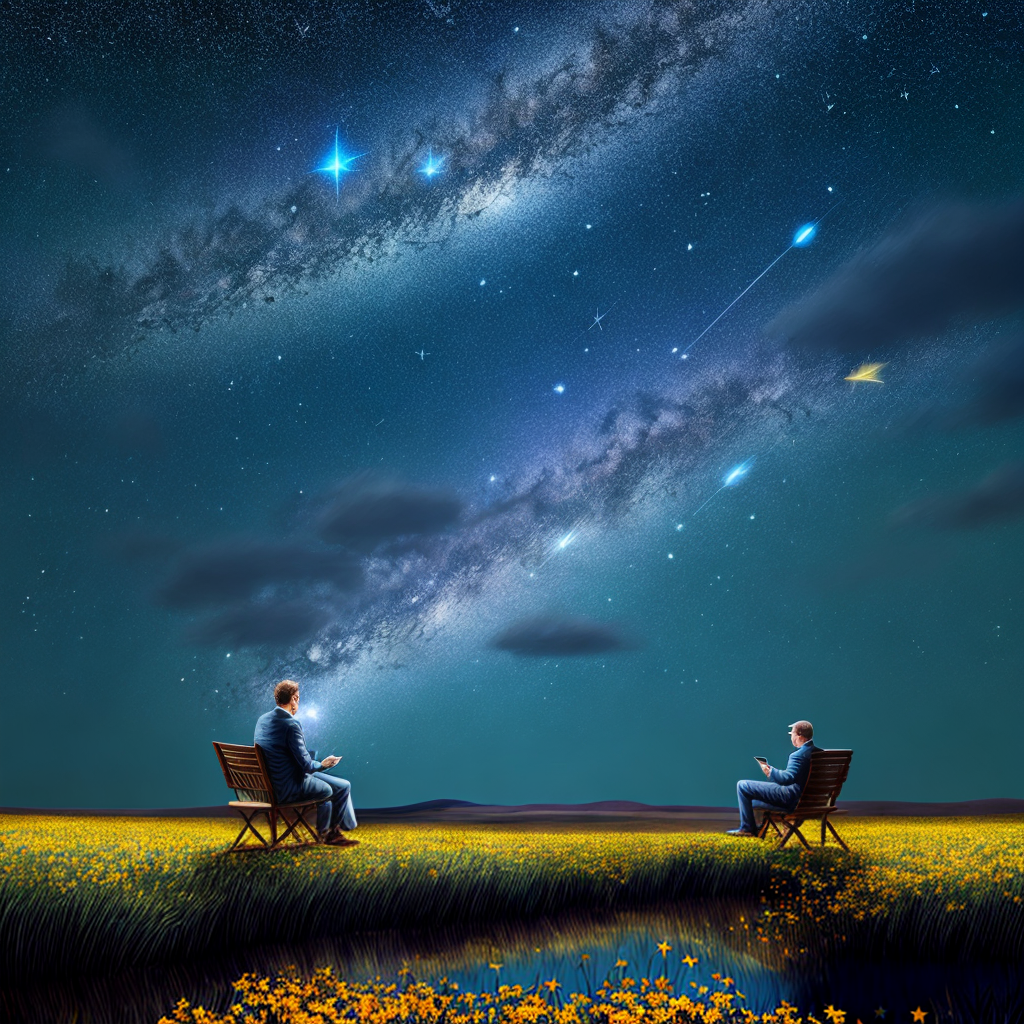 Animated starry night vibrant stars shooting stars man sitting down