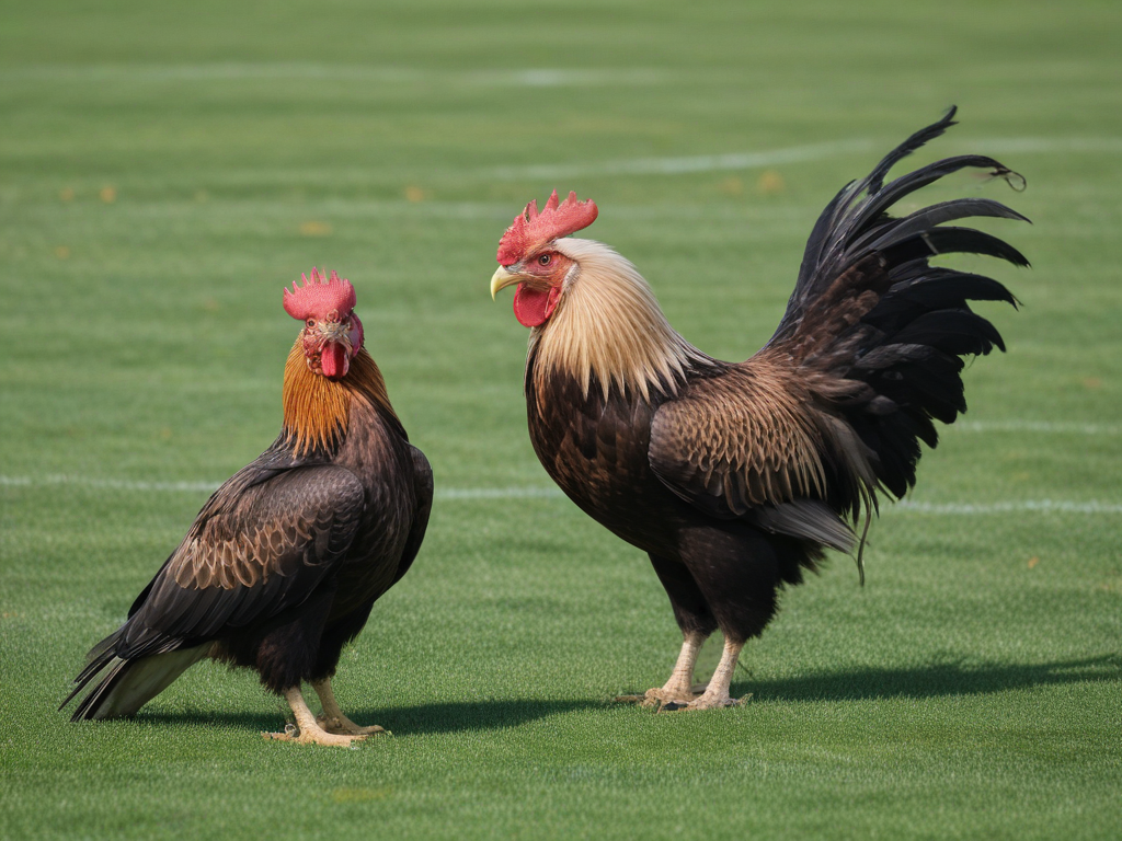 A bald eagle and a rooster on a football field