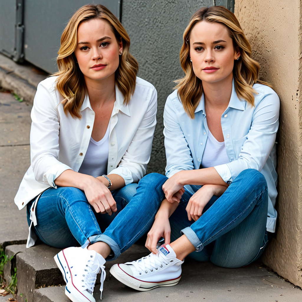 Mcu Brie Larson Carol Danvers Sitting in White Shirt, Blue Jeans, White ...