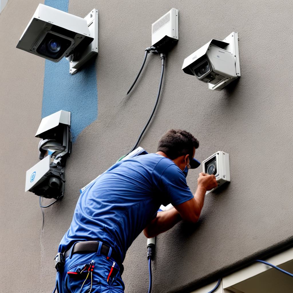 a technician performing maintenance on a security system or security camera