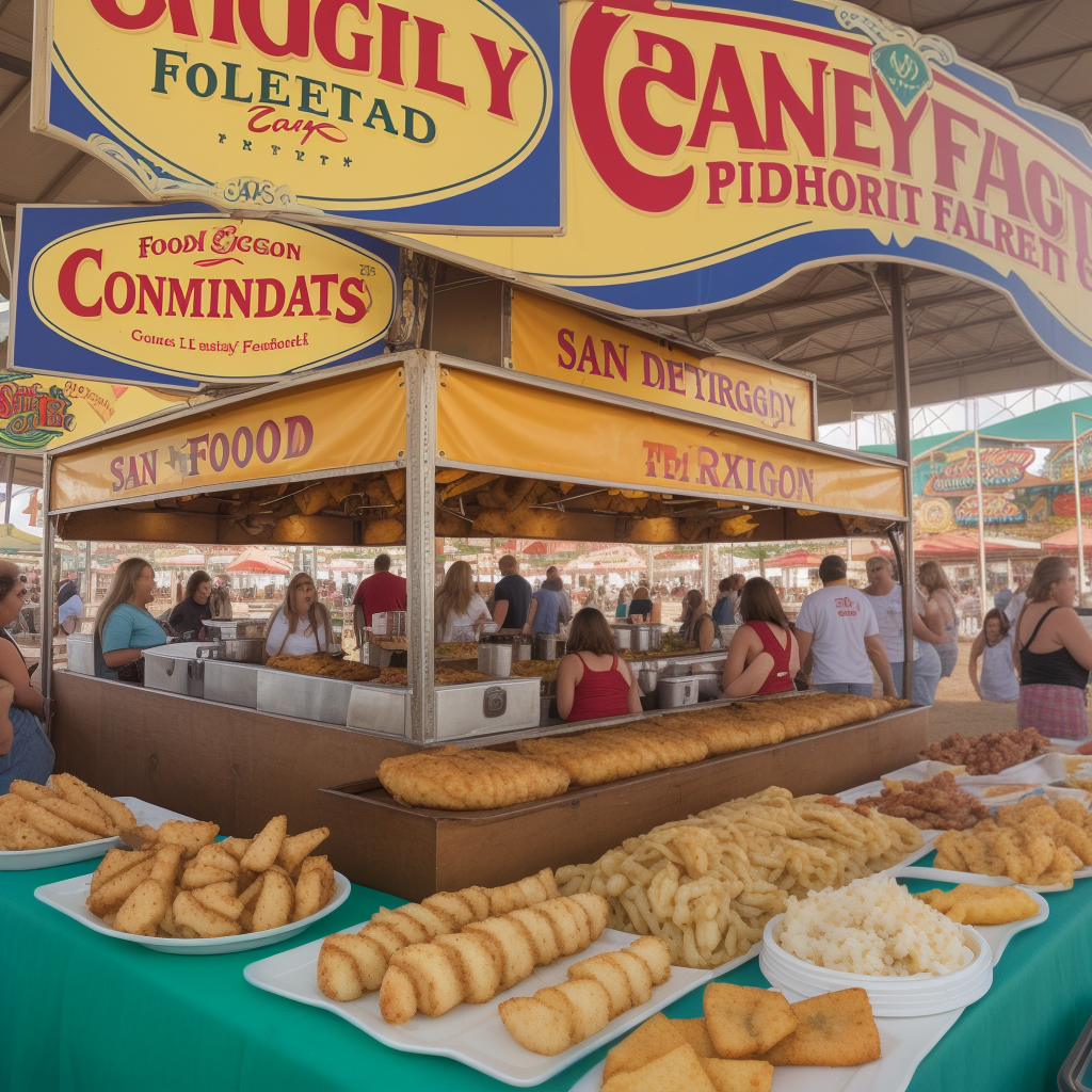 Colorful Food Stall at a Fair Offering Various Delicious Fried Treats