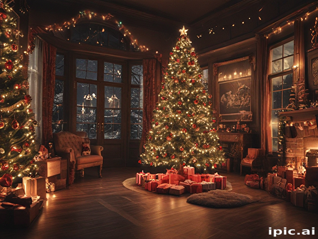 Cozy Christmas Living Room Decorated with Lights and Wrapped Gifts