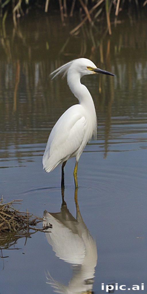 Graceful white bird standing elegantly in calm waters, reflecting its ...