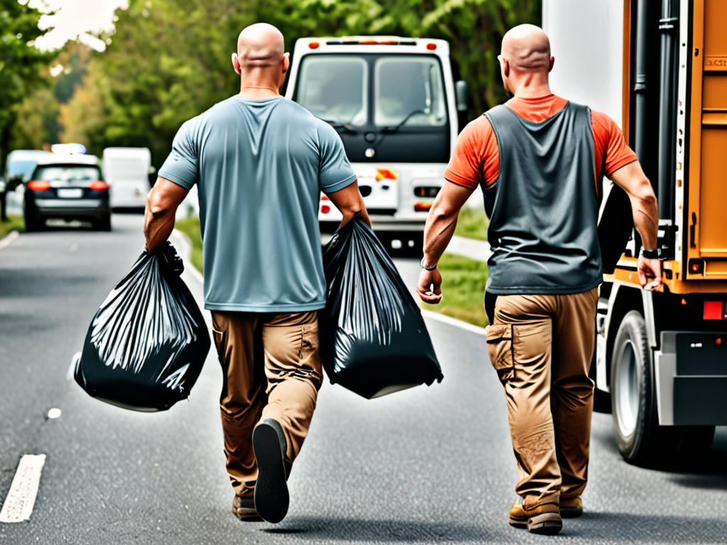 realistic handsome bald muscular garbagemen from behind carrying black ...