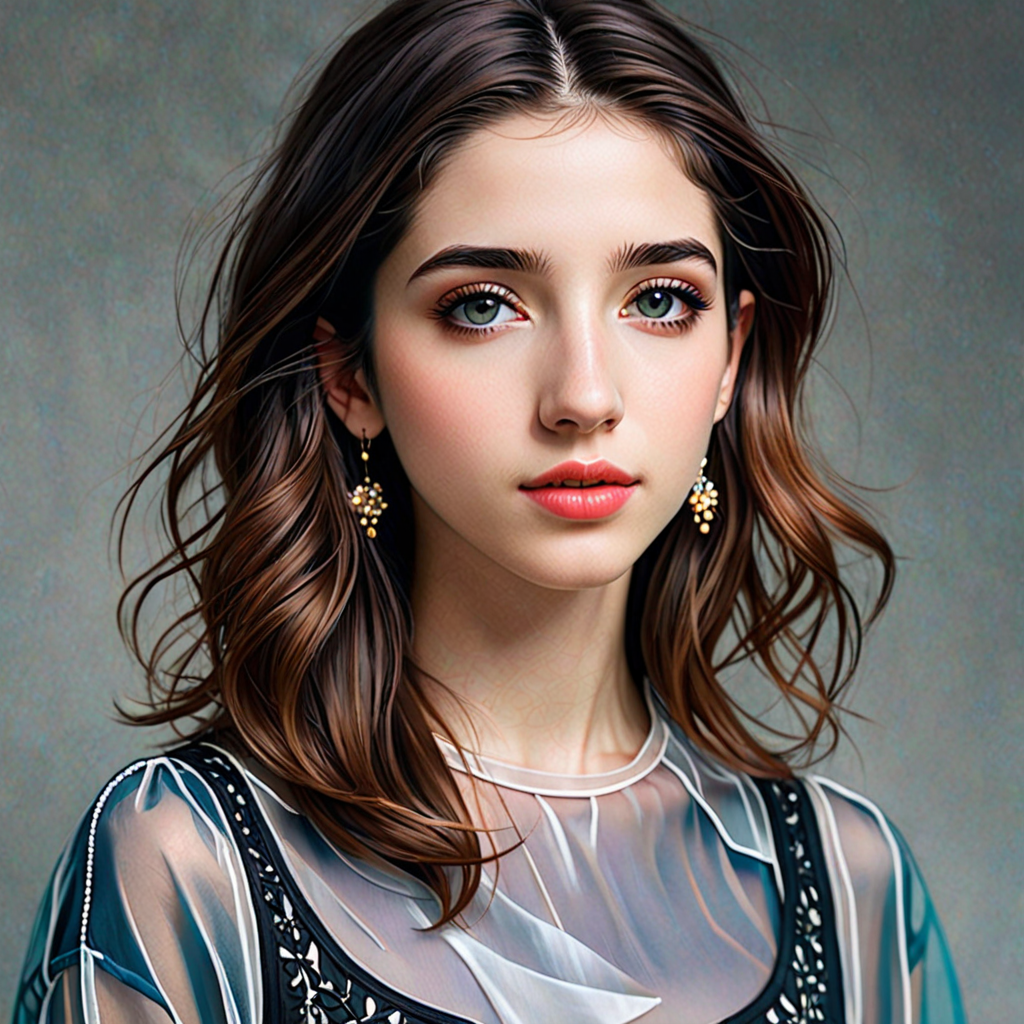 Emily Rudd, translucent sheer top, anime art style, artistic