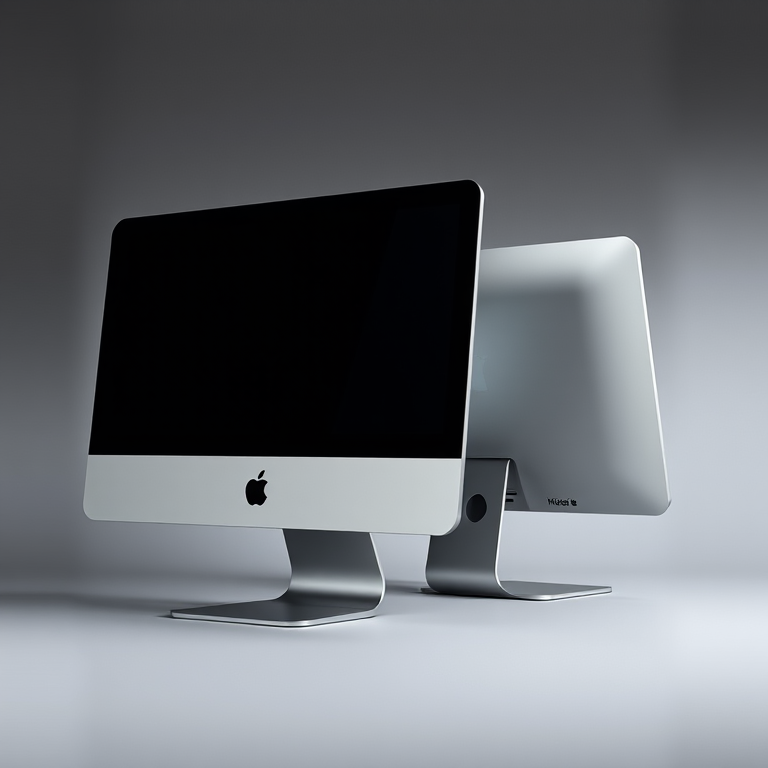Create a high-resolution image of two modern iMac computers, one facing ...