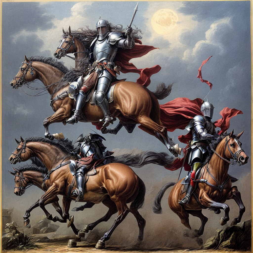 A mounted knight fighting a hoard of demons and gargoyles.