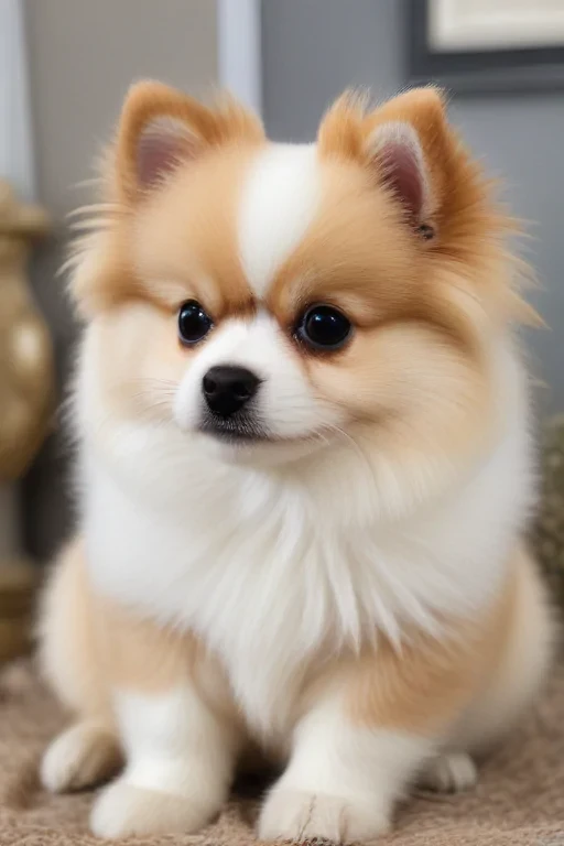 Adorable Fluffy Pomeranian Puppy Sitting Calmly on a Cozy Blanket.