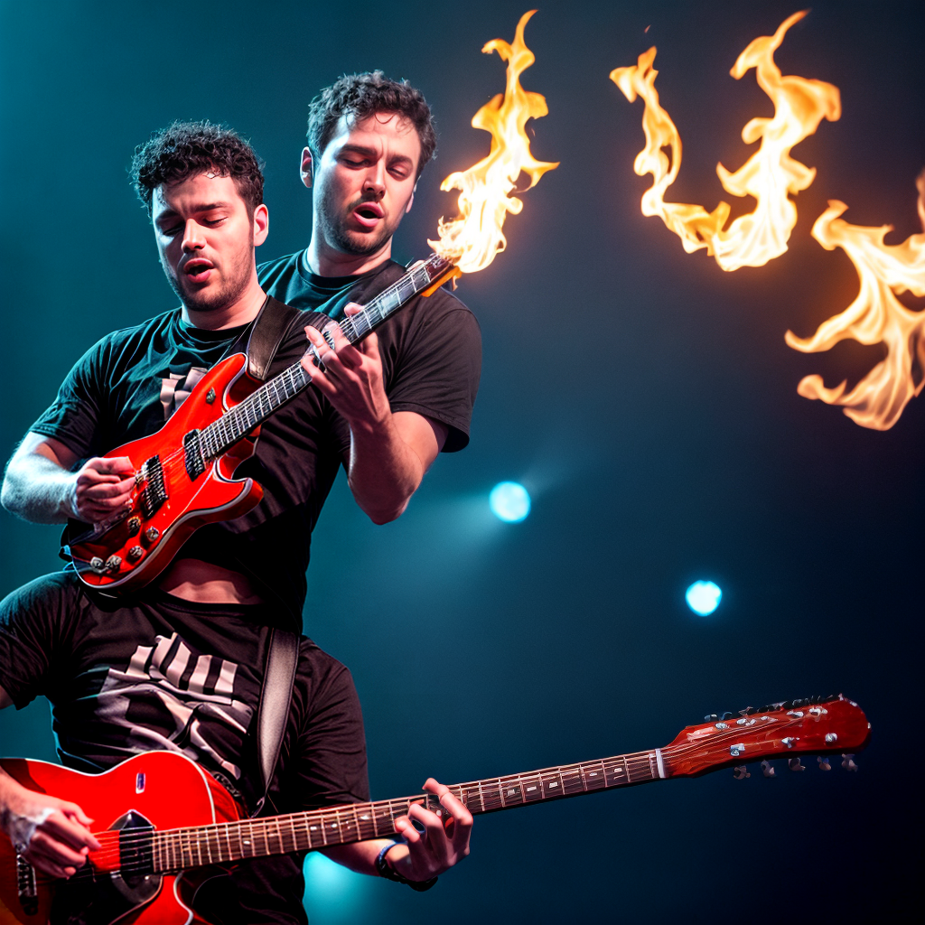 band playing music with flames in background