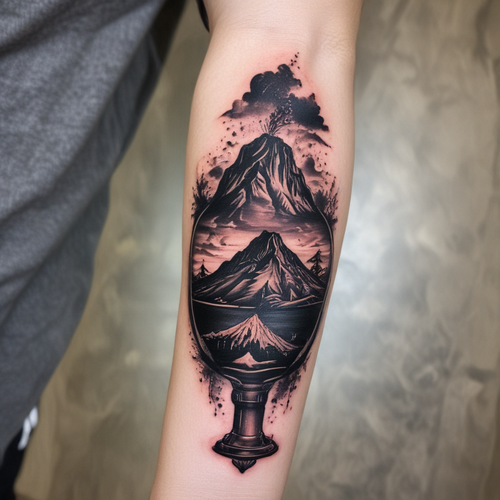 Large Volcano in a bottle forearm tattoo all black