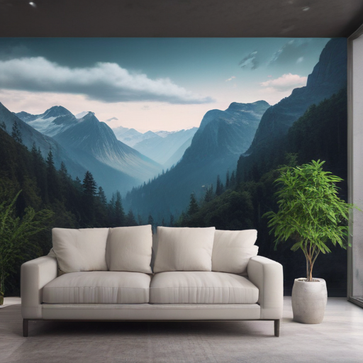 Cozy Living Room with Mountain View Mural and Stylish Green Plant