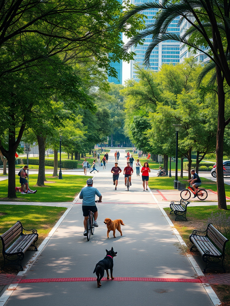 A vibrant urban park scene with people engaging in various activities ...
