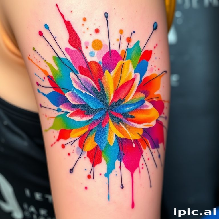Vibrant Floral Tattoo Design Featuring a Burst of Colorful Splashes