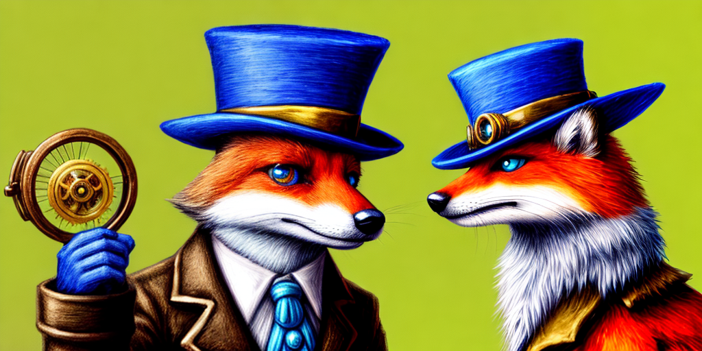 steampunk merchant fox with monocle and blue hat