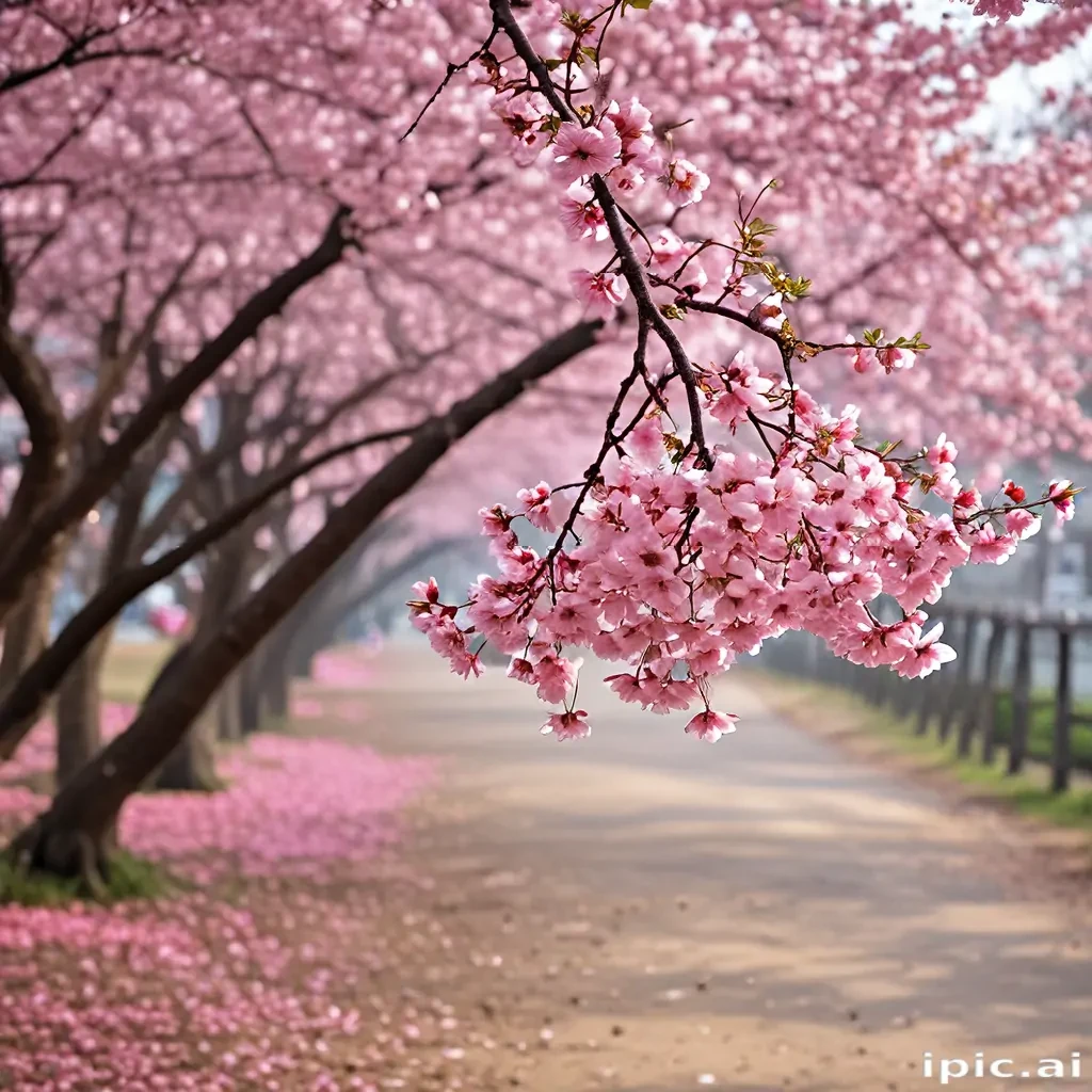 Serene Pathway Surrounded by Beautiful Cherry Blossom Trees in Full Bloom