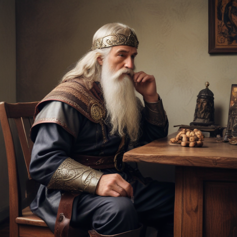 Odin the god sitting by a desk thinking