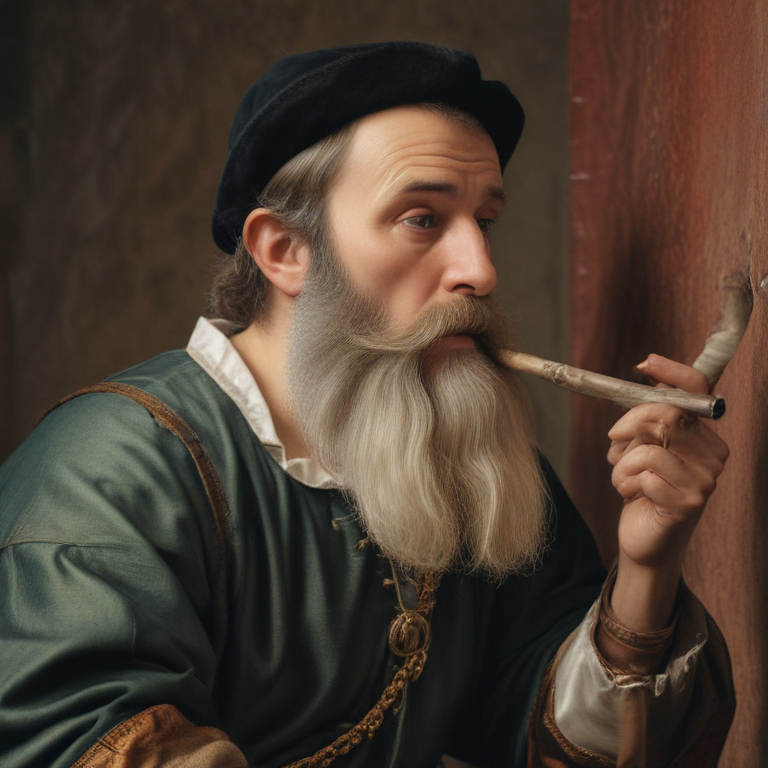 bearded medieval man blowing ramshorn