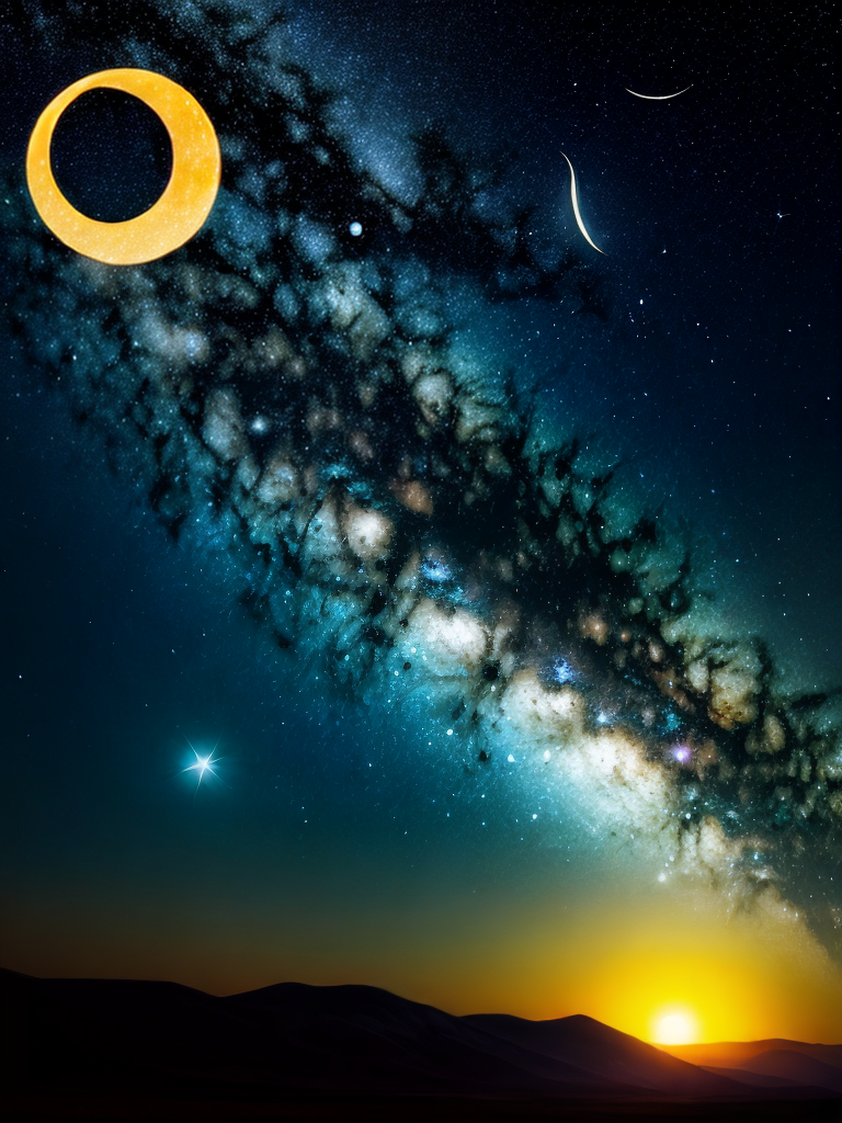 Beautiful yellow glow crescent moon surrounded by stars surreal