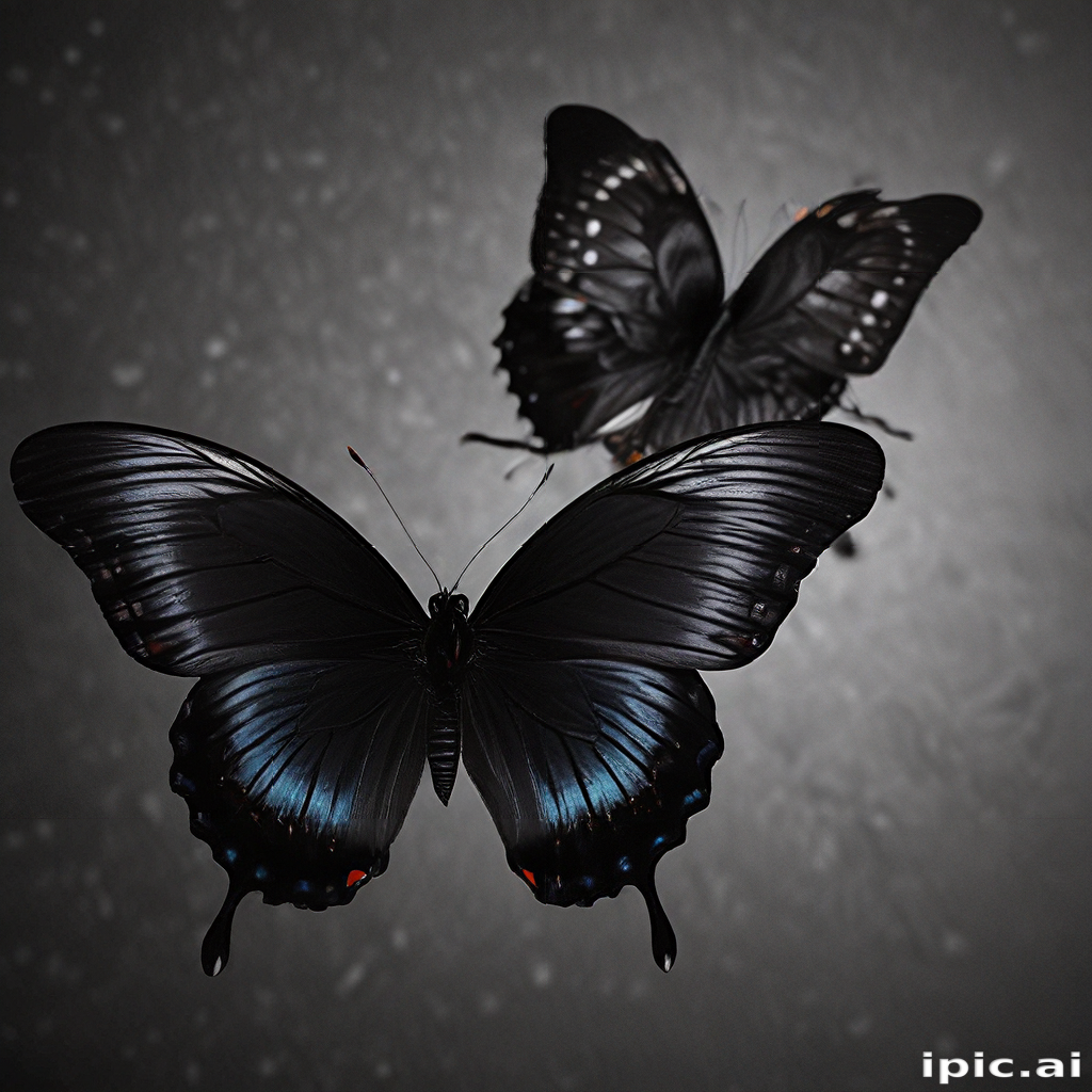 Elegant Black Butterflies with Iridescent Wings Against a Dark Background