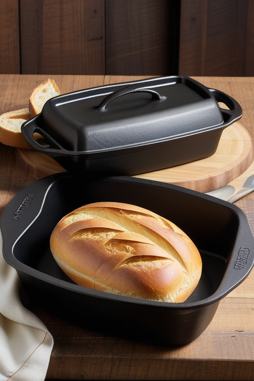 Freshly Baked Bread in a Black Cast Iron Loaf Pan with Slices