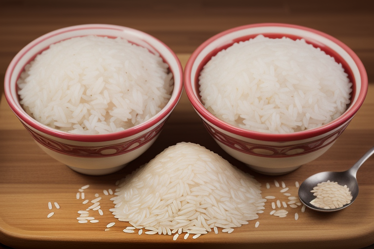 Two Bowls of Steamed White Rice with a Heap of Grain Nearby