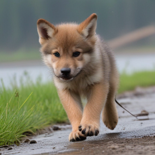 wolf puppy running away from fishing humans